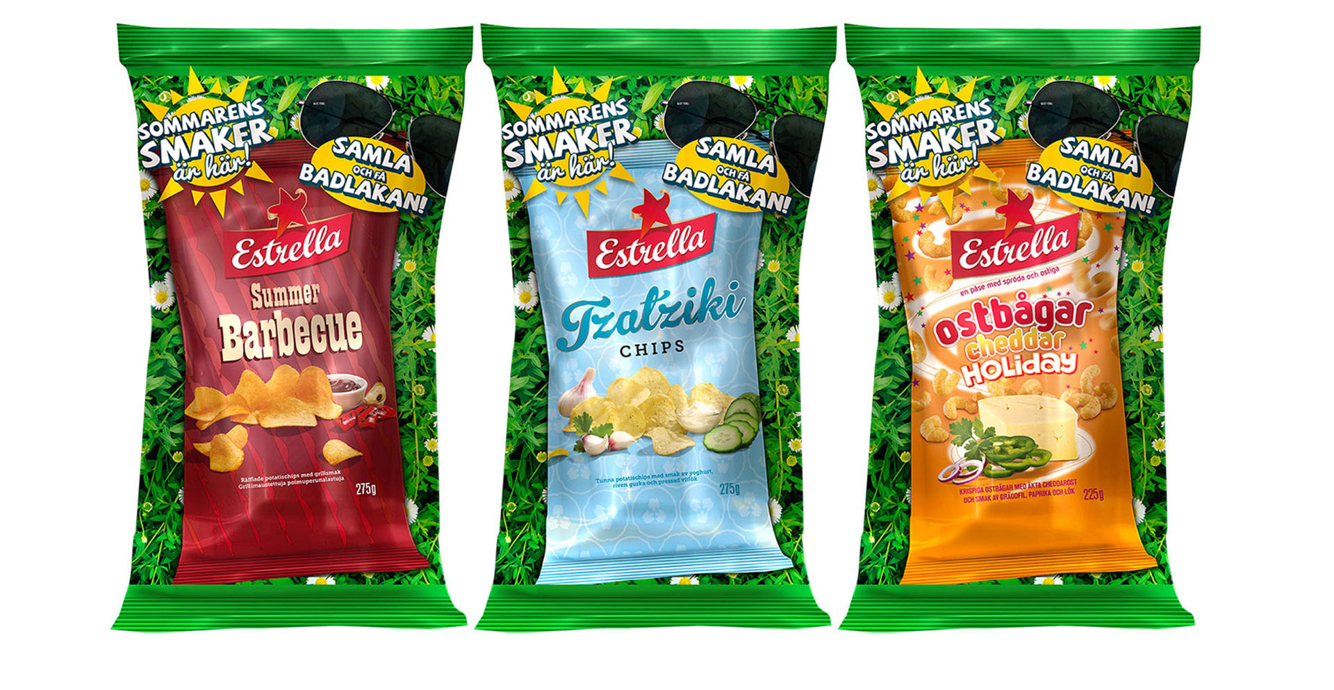 Tre nya sommarsnacks från Estrella. Holiday-Ostbågar och Tzatziki-chips ...