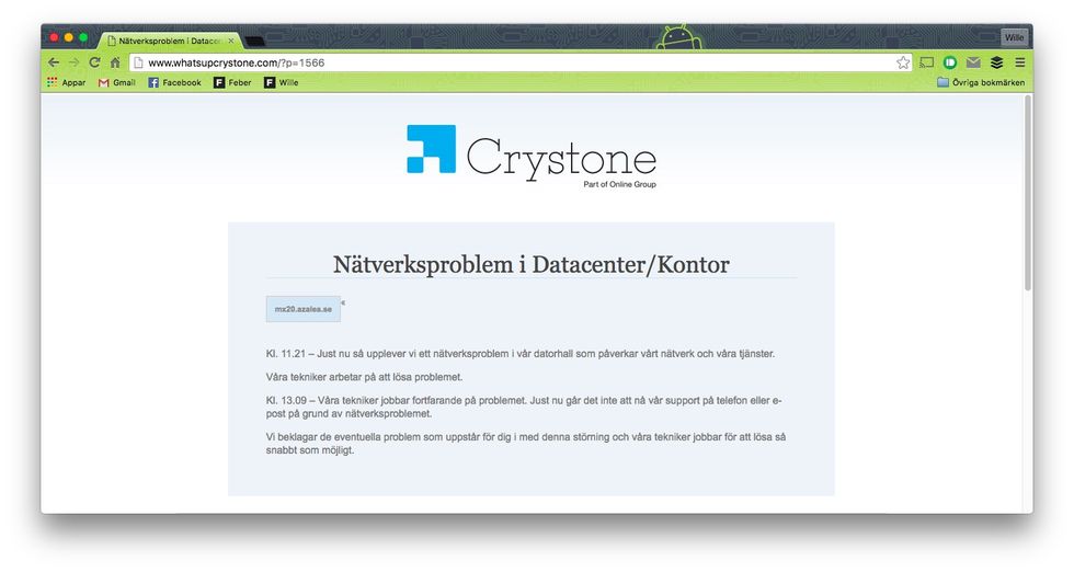 Webbhotellet Crystone ligger nere. Kunders hemsidor går ej att komma åt ...